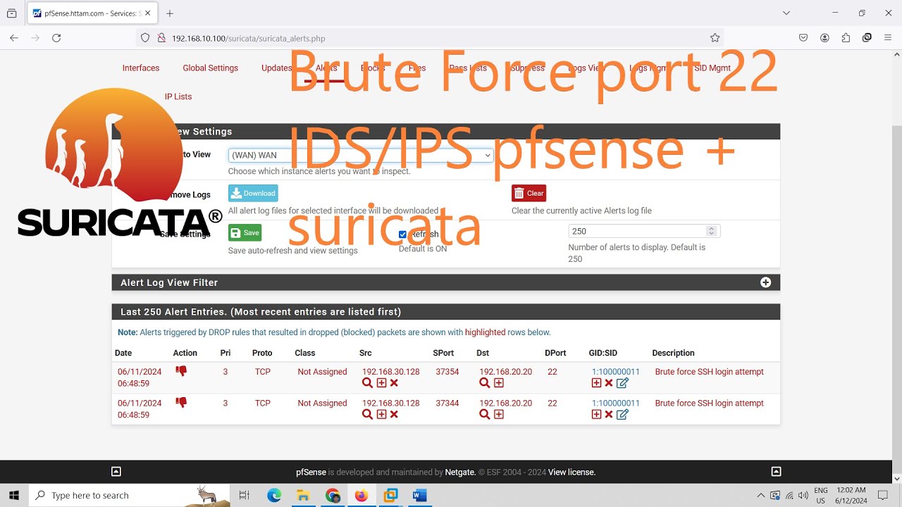 IDS/IPS pfSense with Suricata: SSH Connection Attempt - Rule Alert and ...