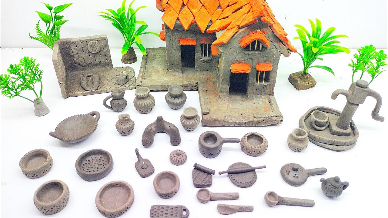 DIY How to make polymer clay miniature House, kitchen set | Village ...