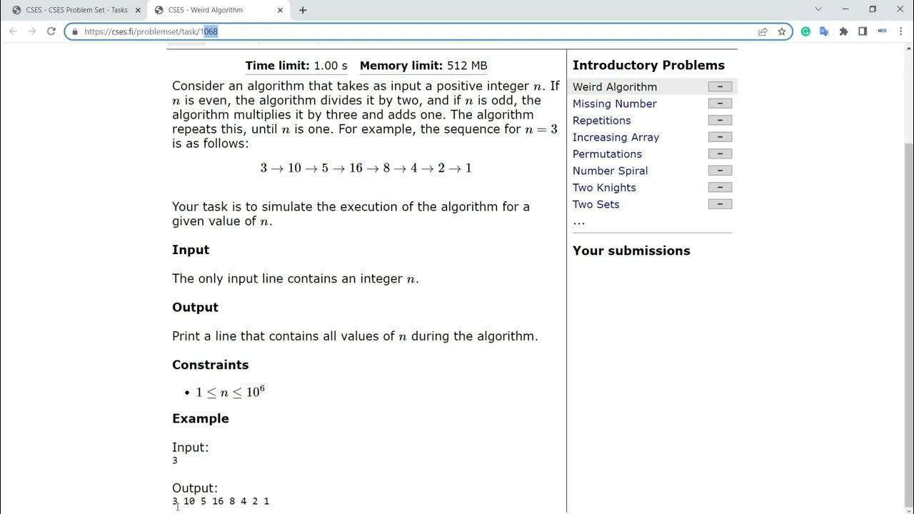 1 Solution For Weird Algorithm From Cses Problem Set Youtube