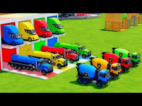 Garage with Colors - ALL MIXER TRUCK WITH DOUBLE FLATBED TRAILER TRUCK, TESLA, PETERBILT, IVECO