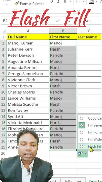 Excel Tutorial: Separate First Name and Last Name with Flash Fill - YouTube