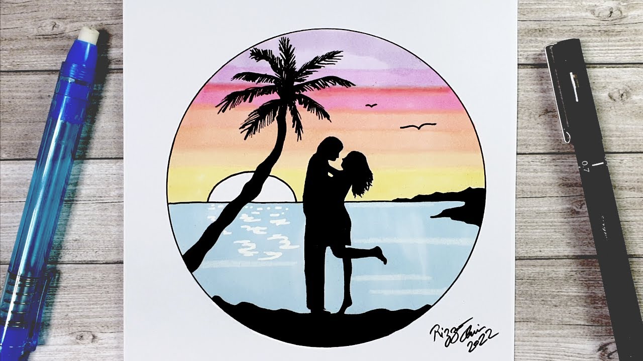 How to Draw a LOVE COUPLE on a beautiful Island with Moonlight in a ...