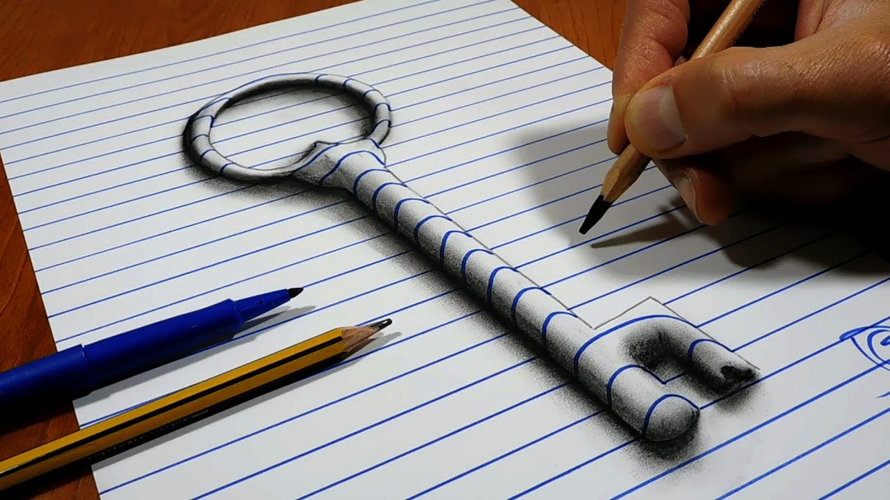 How to Draw The Old Key, 3D Trick Art on line paper Optical Illusion ...