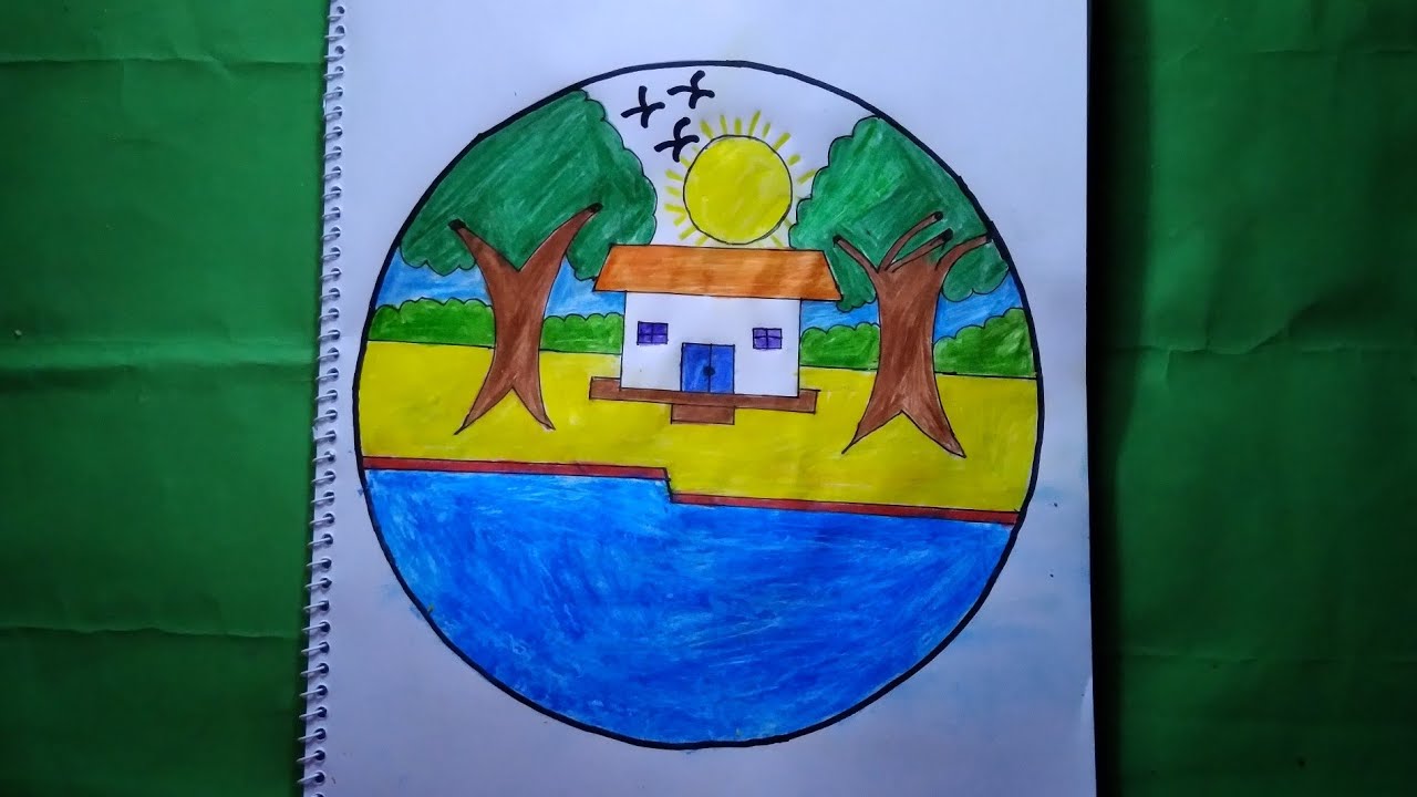 গ্রামের একটি সুন্দর প্রাকৃতিক দৃশ্য ||How to Draw a scenery in circle ...