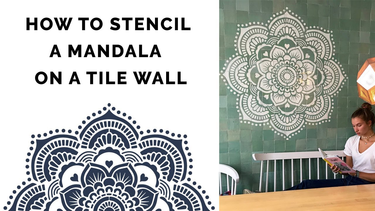 How to paint a mandala stencil on a green tile wall (DIY video ...