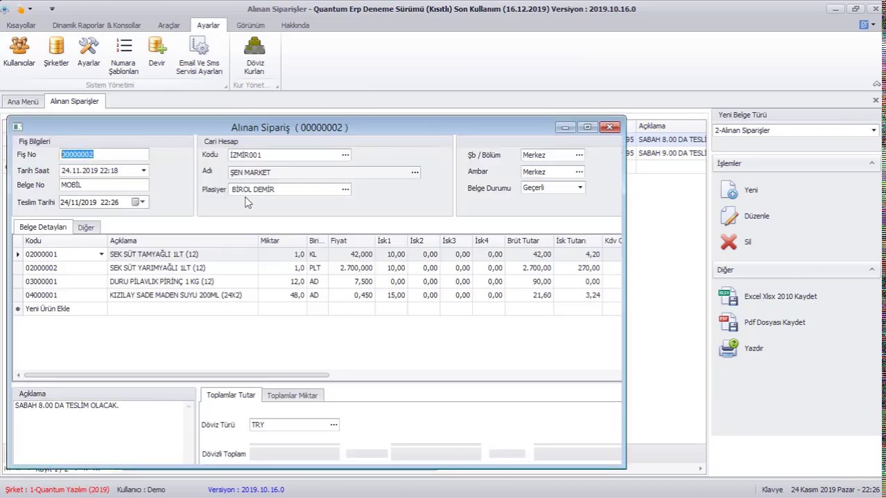 Quantum Erp -Video 04 -Sipariş Girişi - YouTube