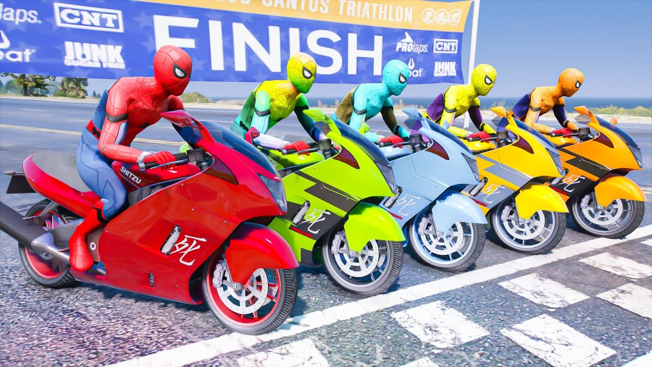 TEAM SPIDER-MAN RACING MOTORBIKE CHALLENGE - RACE ON THE FLYING BRIDGE ...