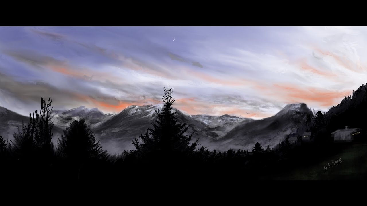 How To draw Sunset over mountains - YouTube