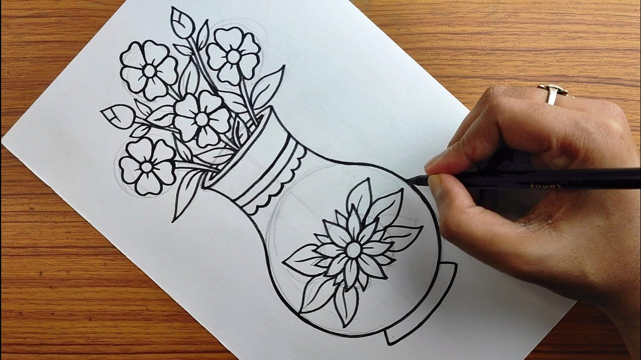 Flower Vase Drawing, फूलों का गुलदस्ता का चित्र, Flower Pot Drawing ...