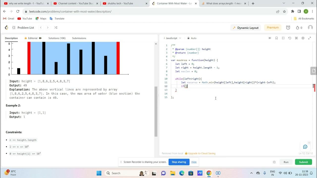 Container With Most Water problem in javascript - YouTube