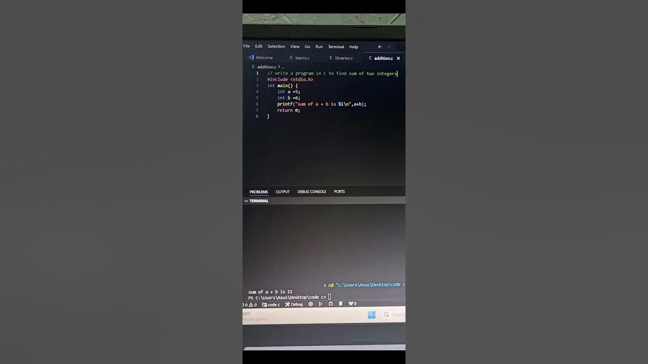 Sum Of Two Integers In C Language C Coding Programming Youtube