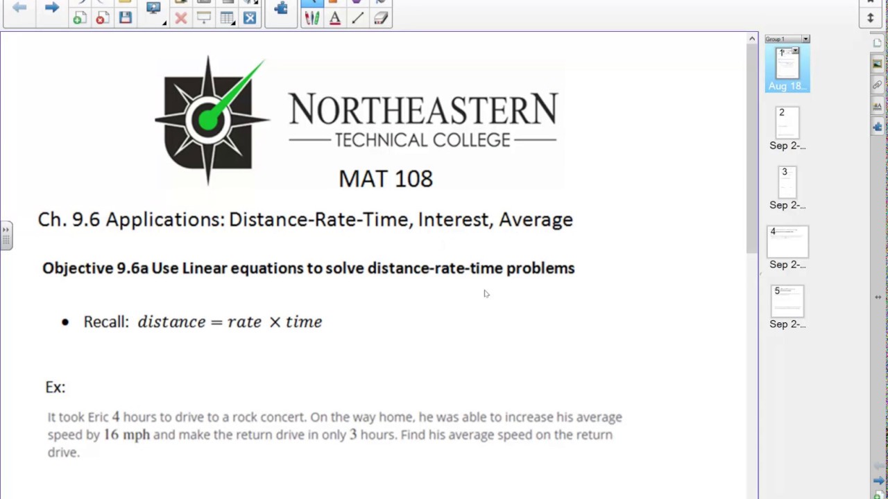 108 9.6a Use Linear equations to solve distance rate time problems ...