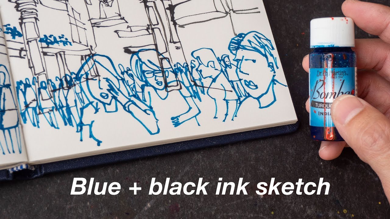 Sketching with black and blue inks - YouTube