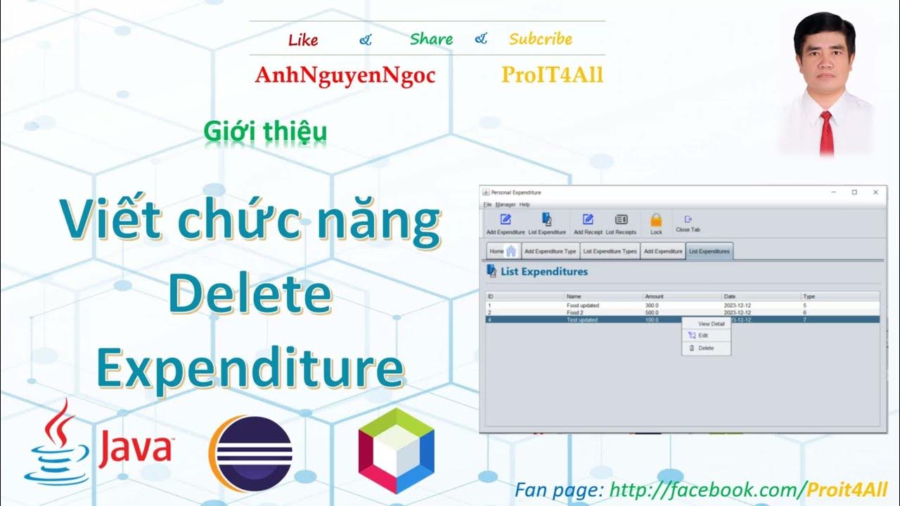 Viết chức năng delete khoản chi từ popup menu, Quản lý thu chi trong Java Swing - YouTube