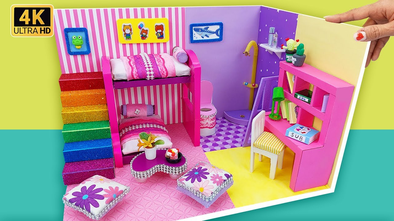 DIY Cardboard Room Decor | Miniature Bedroom with Rainbow Stairs 🌈 ...
