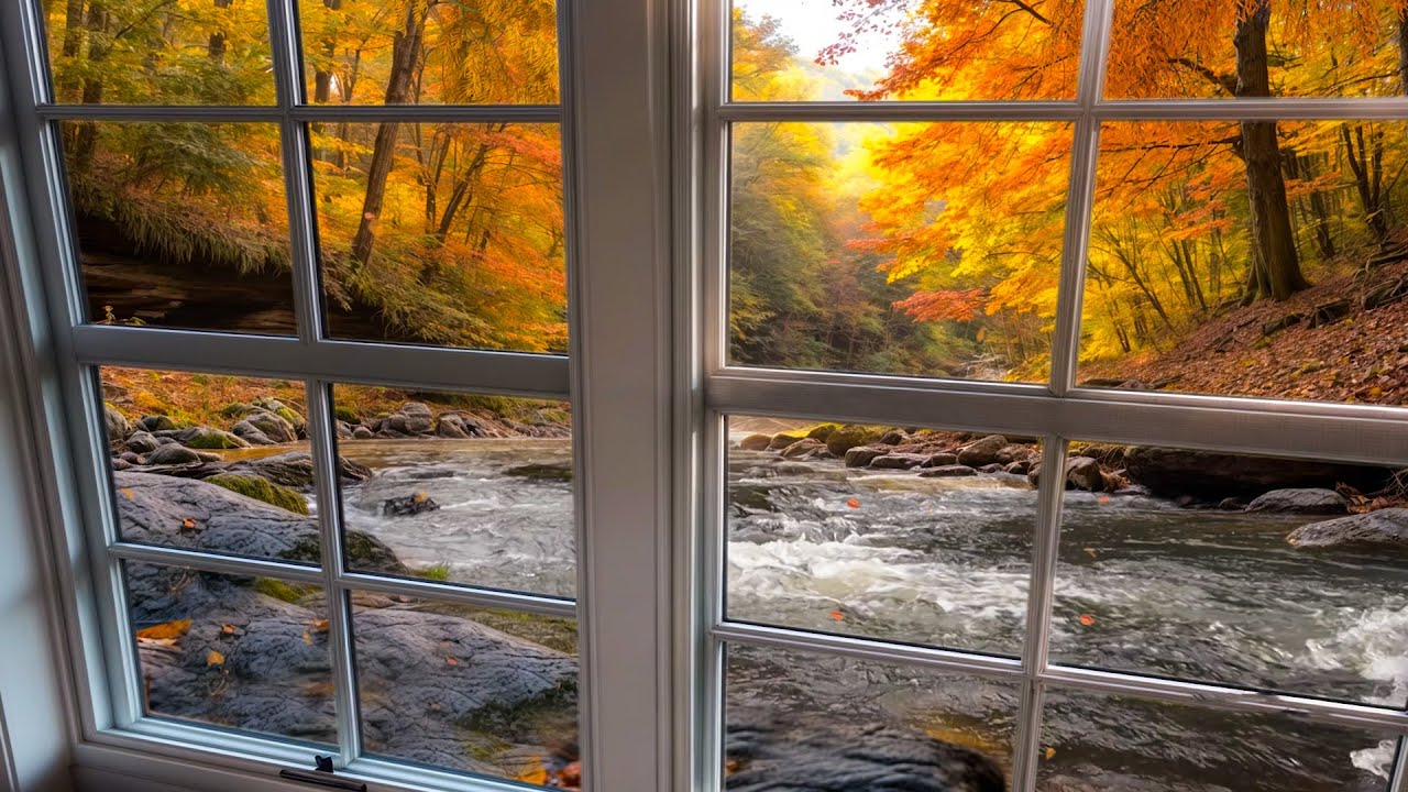 🍁4K Forest Stream Through outside the Window | Gentle Water Flow ...