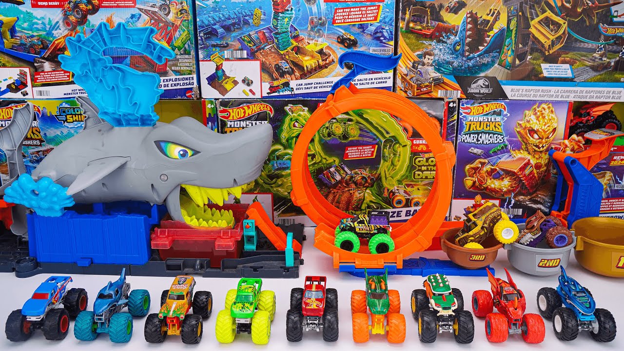 Massive Hot Wheels Monster Trucks Unboxing Power Smashers & Shark Set ...