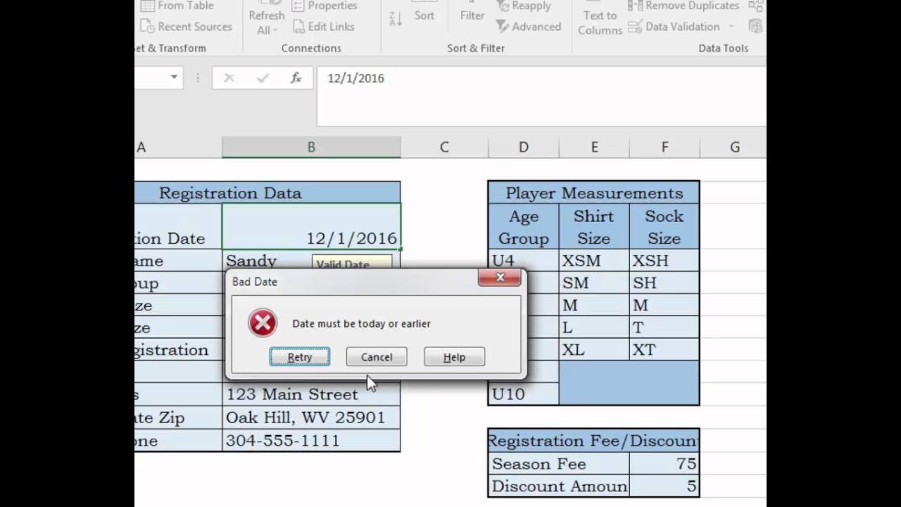 Using Data Validation Excel 2016 - YouTube