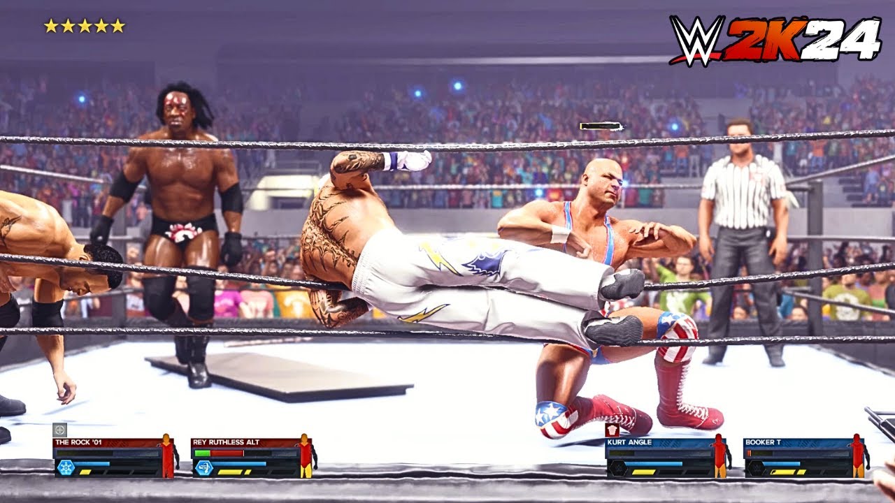 WWE 2K24 - TORNADO TAG - Rey Mysterio & The Rock vs. Booker T & Kurt ...