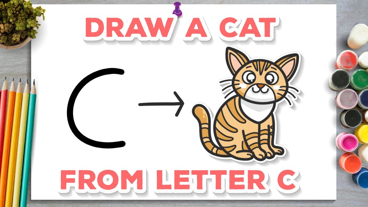 How to draw a cat from letter C - YouTube