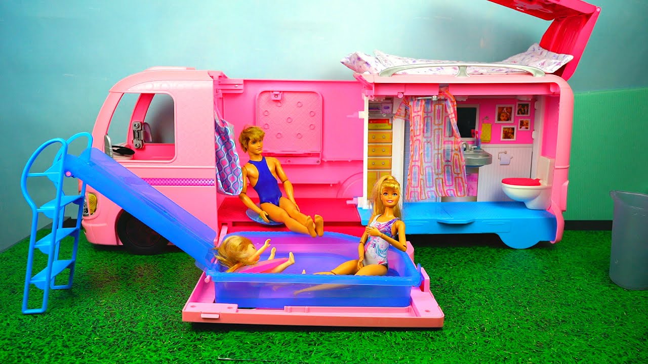 Barbie Camping Car with Pool Water Slide ! - YouTube