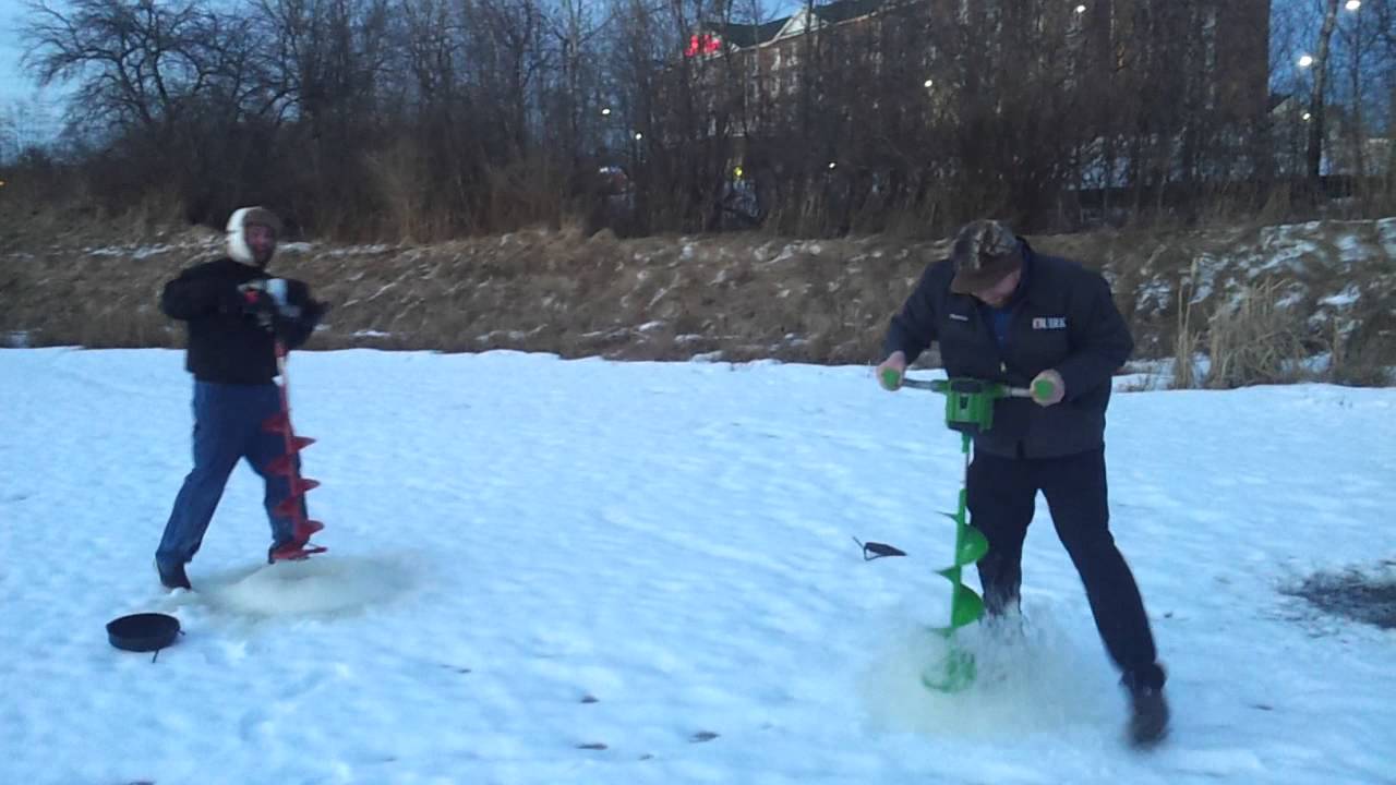 Ice Auger Race - Eskimo Z71 10" vs Ion Electric 8" - YouTube