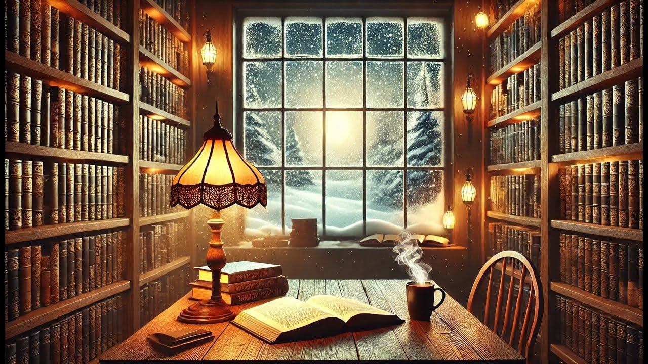 Cozy Library Ambience 📚 Soothing Study & Reading Music with Snowfall ...