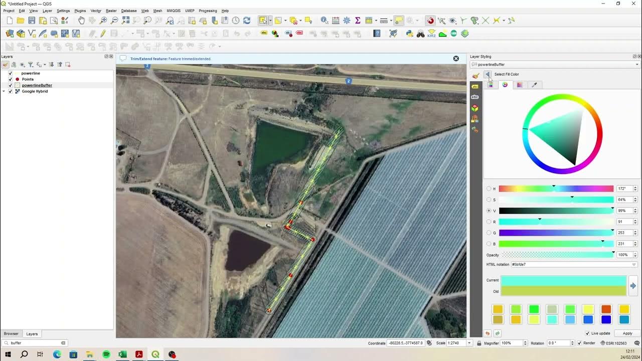QGIS Digitize, Edit trim/extend & Buffer Powerline. Capture Footprint of Solar Array. - YouTube