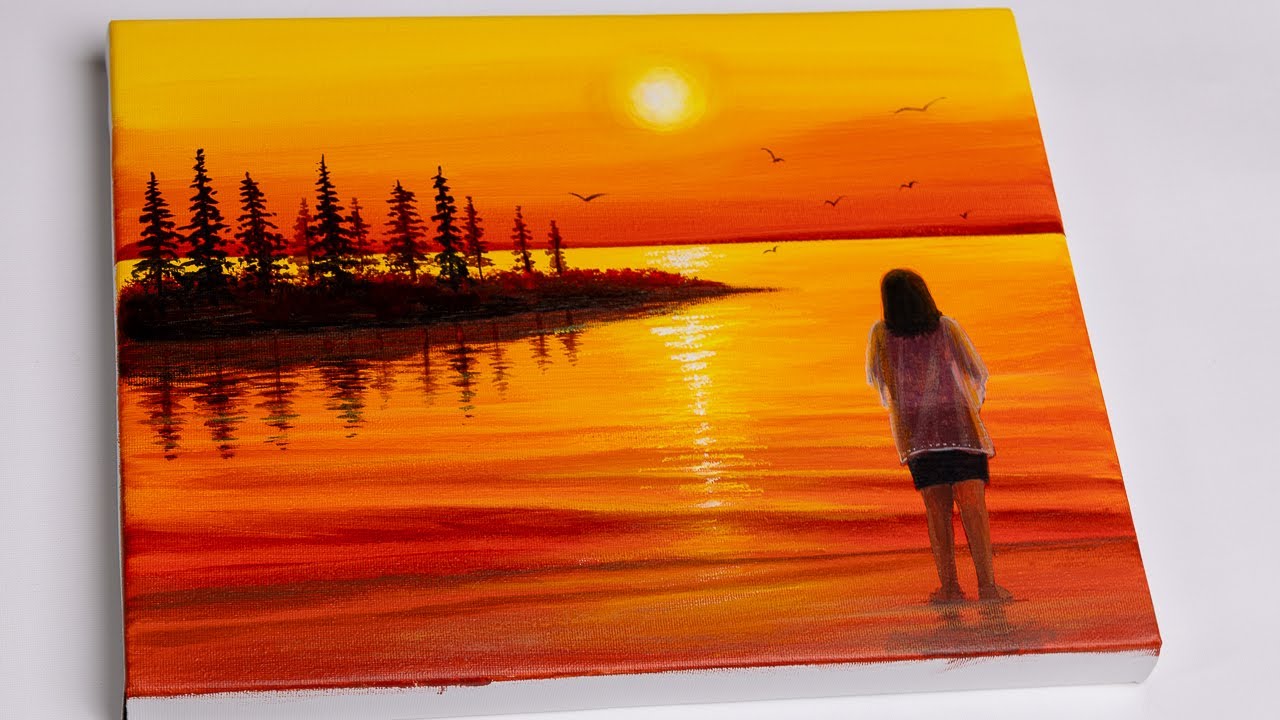 Sunset acrylic painting for beginners step by step | Painting on canvas ...