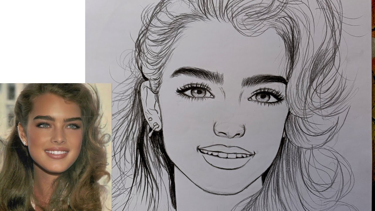 How to Draw Brooke Shields | Simple Line Art Portrait with Pencil ...