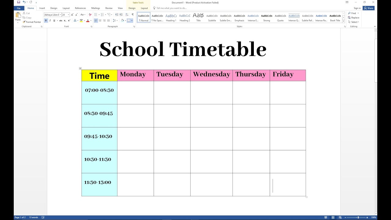 School Timetable in ms word - YouTube