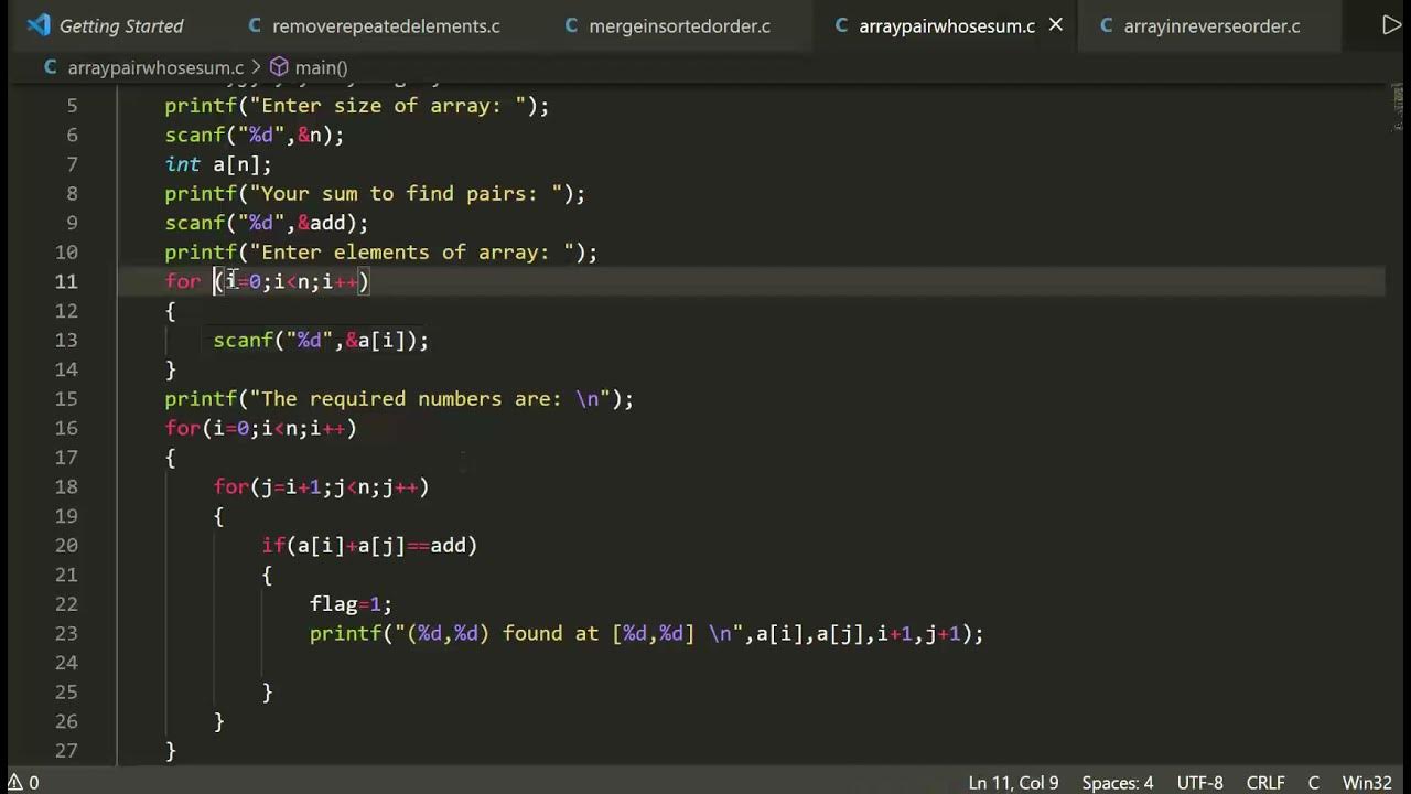 Find pairs from array whose sum is equal to given number | array in C - YouTube