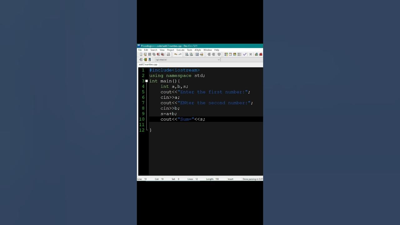 Sum of 2 numbers in using c++ in dev cpp#coding #cpp#shorts - YouTube