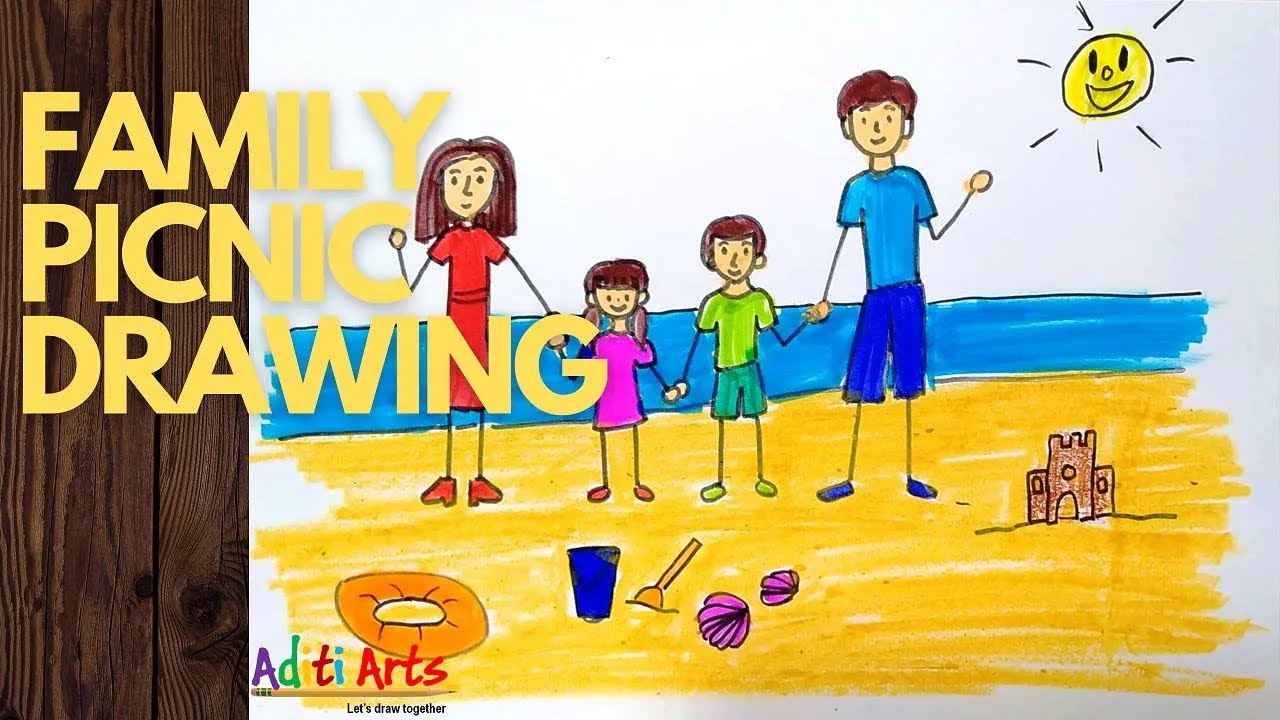 Beachside Drawing | Family at Beach Drawing | Family Picnic Drawing ...