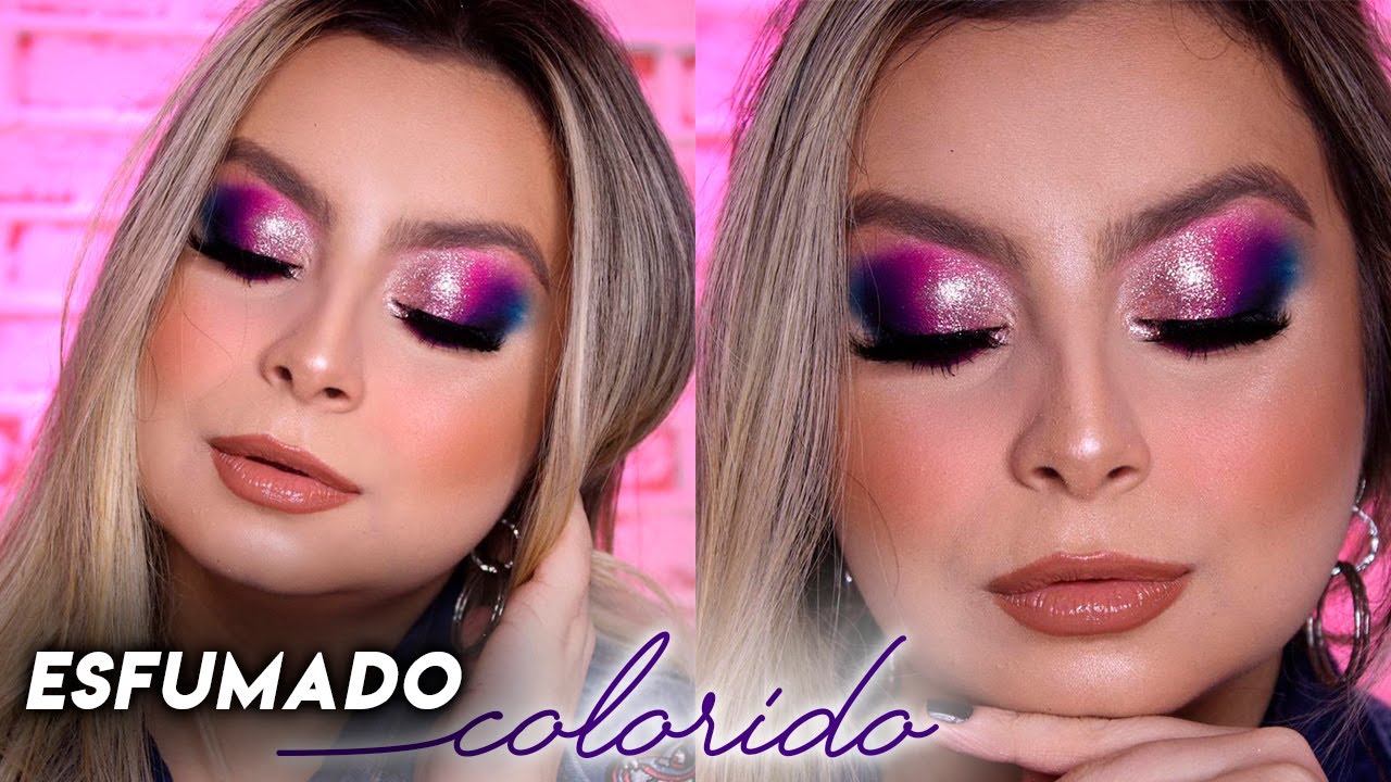 MAQUIAGEM AZUL E ROXA COM GLITTER - YouTube
