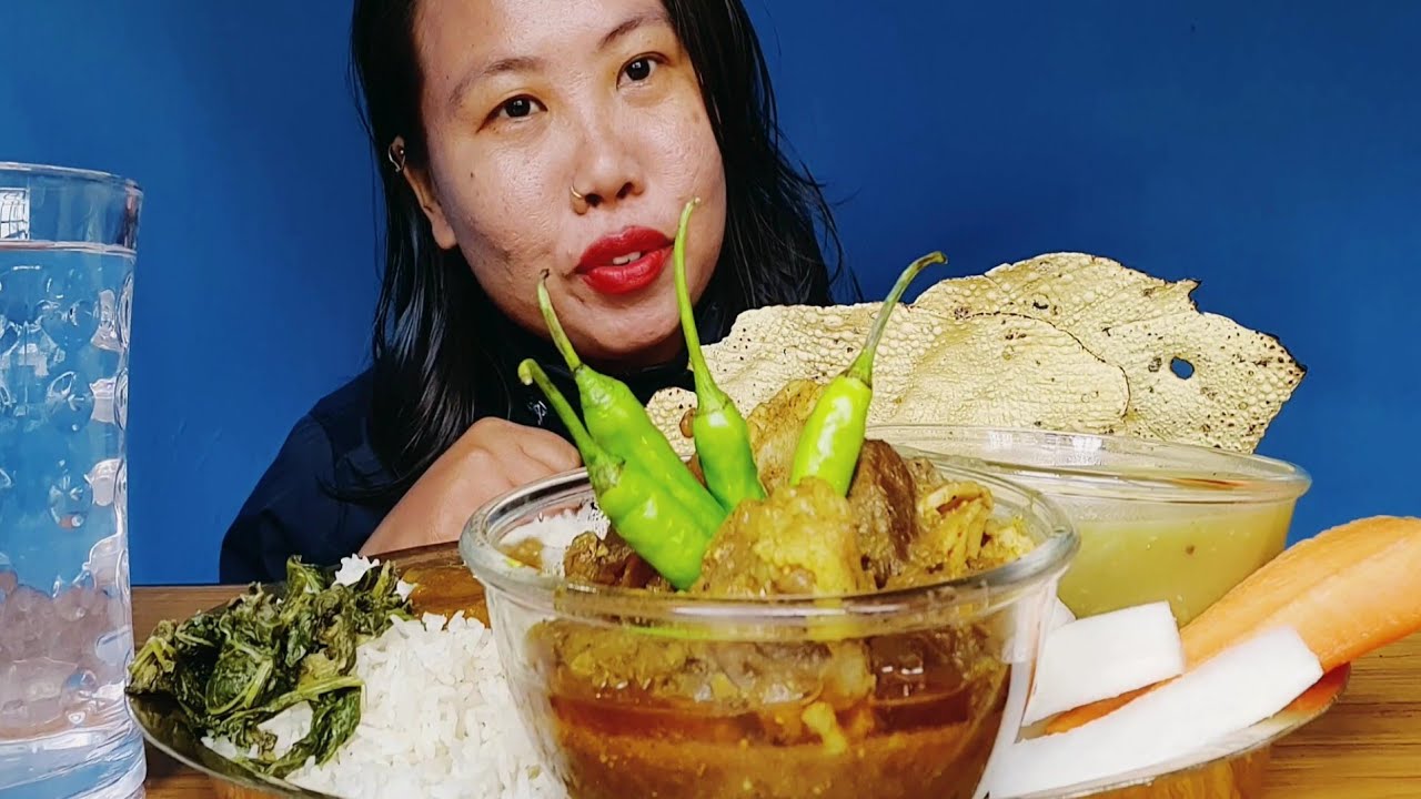 Nepali Mukbang|khasiko masu sanga bhat, masko dal, rayo sag piro timur ...