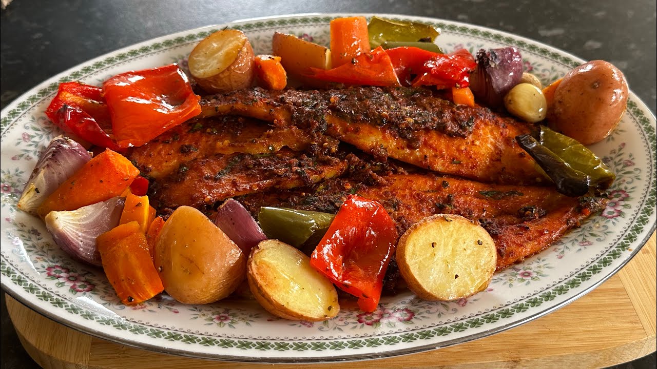 Spicy baked basa fillets with vegetables - YouTube