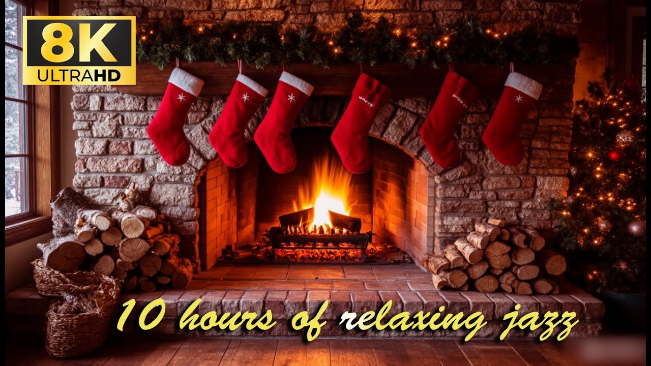 Christmas Fireplace 8K Ultra HD - 10 hours with jazz soundtrack - YouTube
