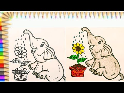 Cute Elephant watering the plant drawing || Elephant drawing || Flower ...