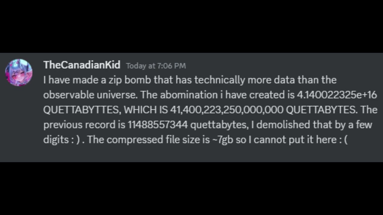 41,400,223,250,000,000 Quettabytes zipbomb, World's largest. - YouTube