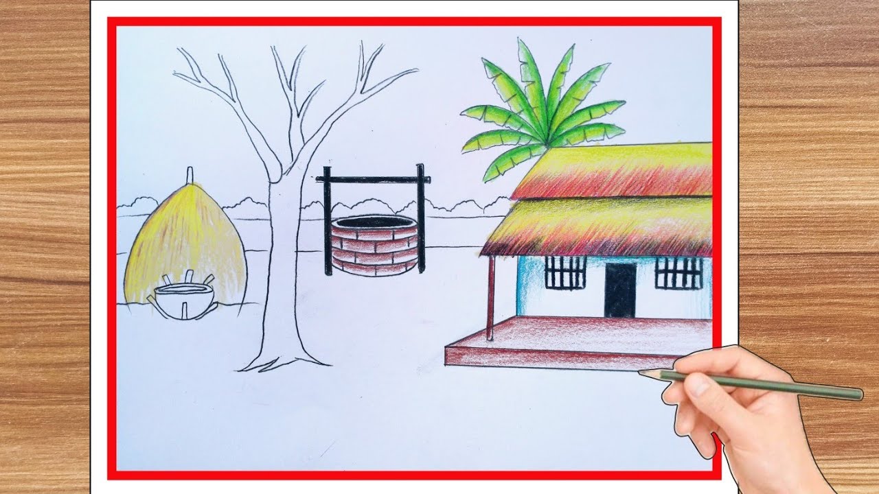 How to draw beautiful village scenery outline || Village scenery ...