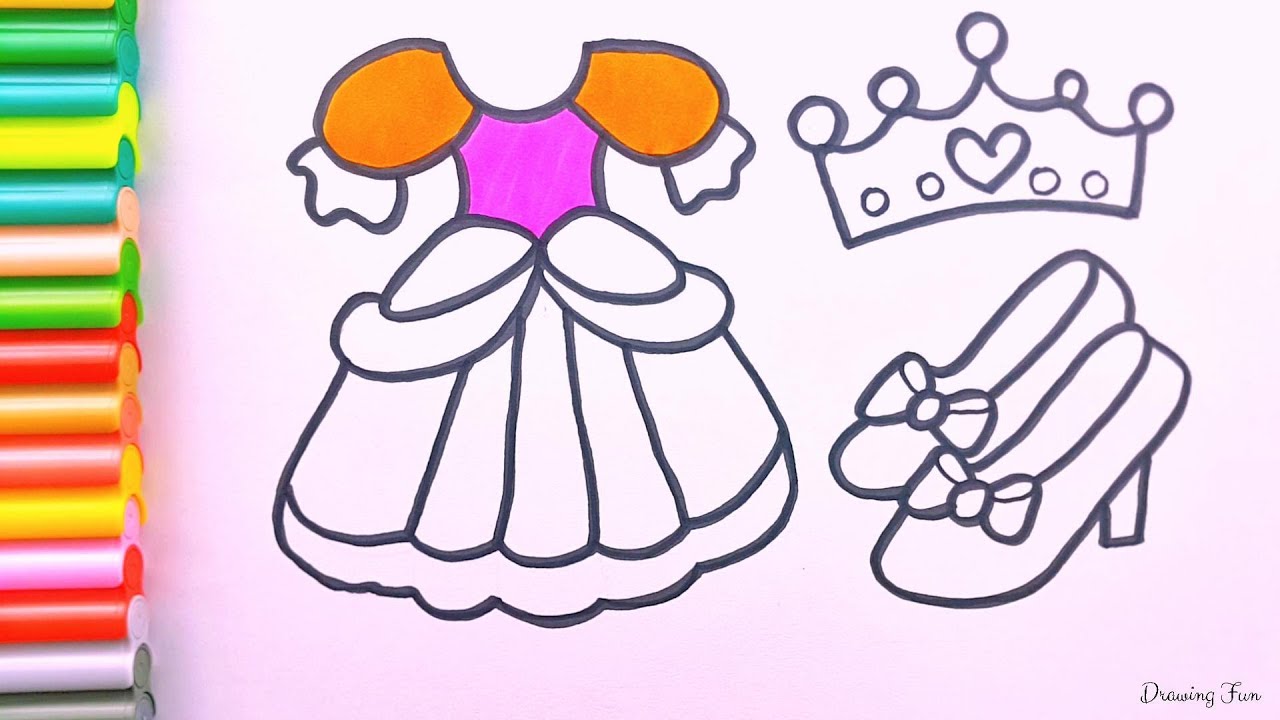 How to draw princess dress | Drawing princess dress , crown & shoe ...