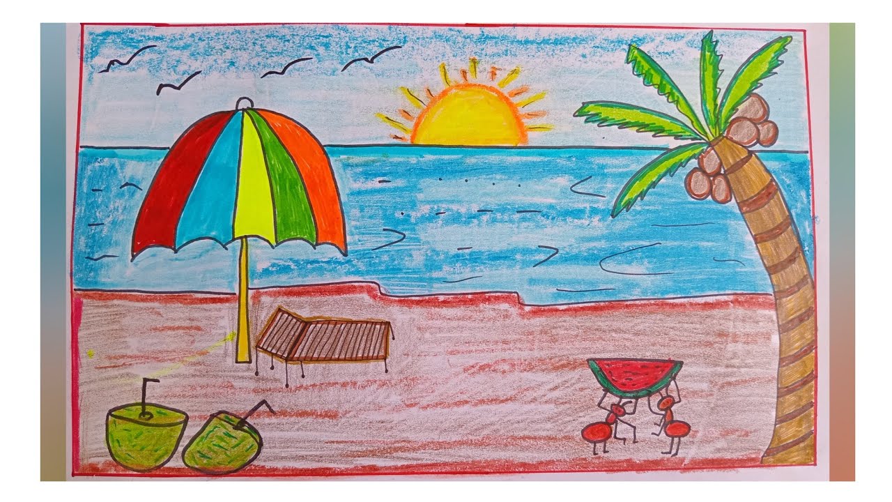 Summer Season Drawing Sketch | How to Draw Summer Season For kids | Sea ...