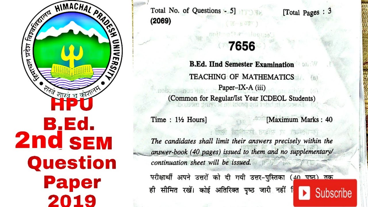 Teaching Of Mathematics // B.Ed. 2nd Sem Question Paper // HPU // 2019 ...