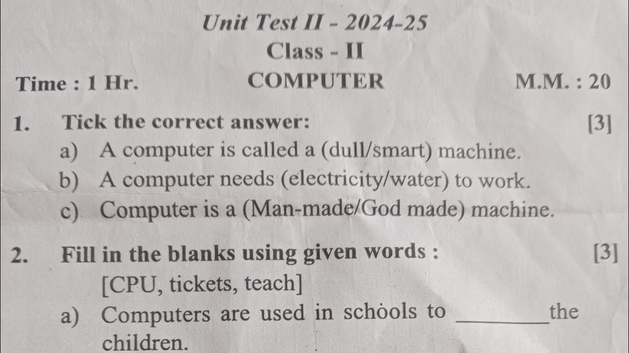 Class 2 Computer Unit Test 2nd Questions Paper (Answer Analysis) - YouTube