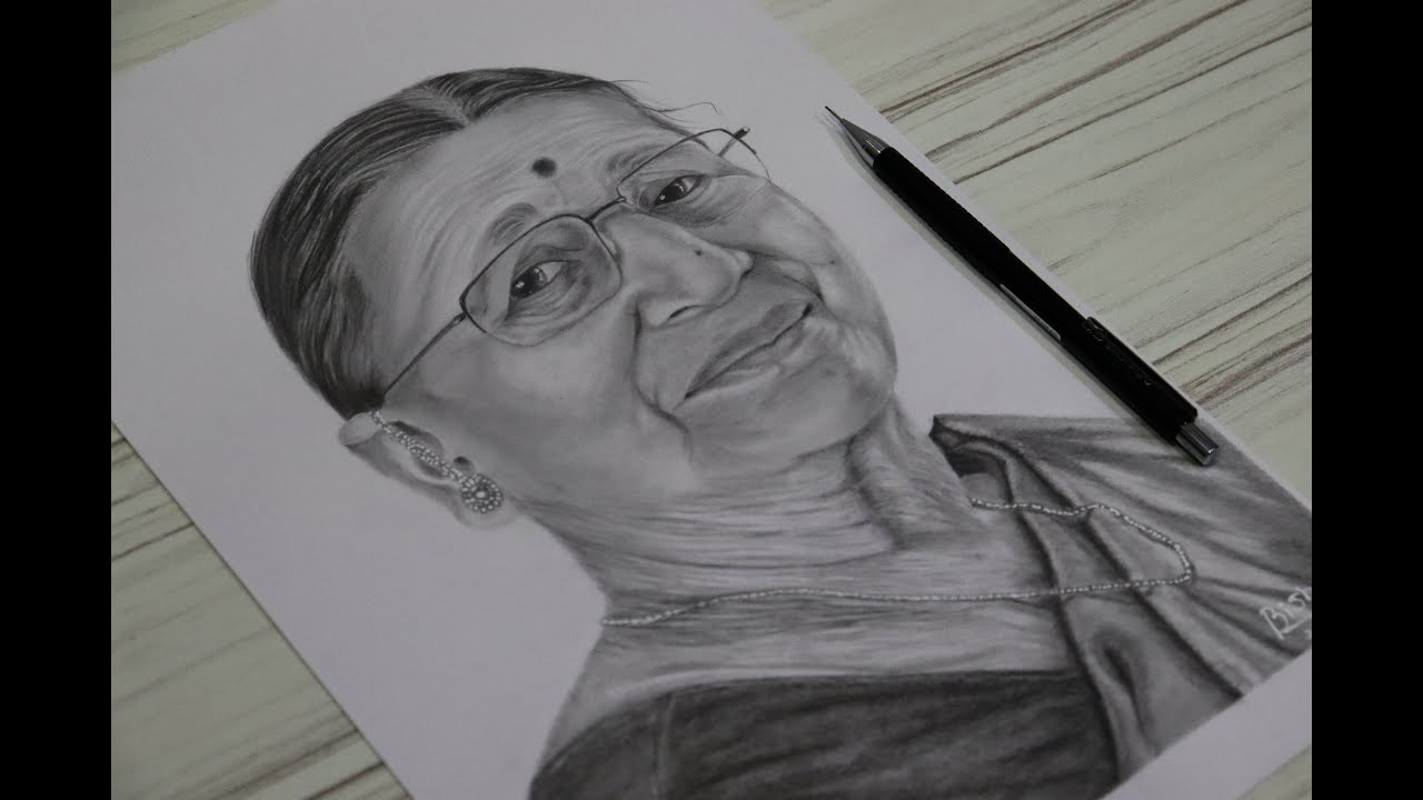 How To Draw Realistic Old Face | Drawing My Grandmother Time-lapse ...