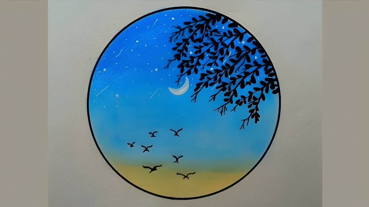 Night View Scenery Drawing With Half Moon || Draw With Oil Pastel ...