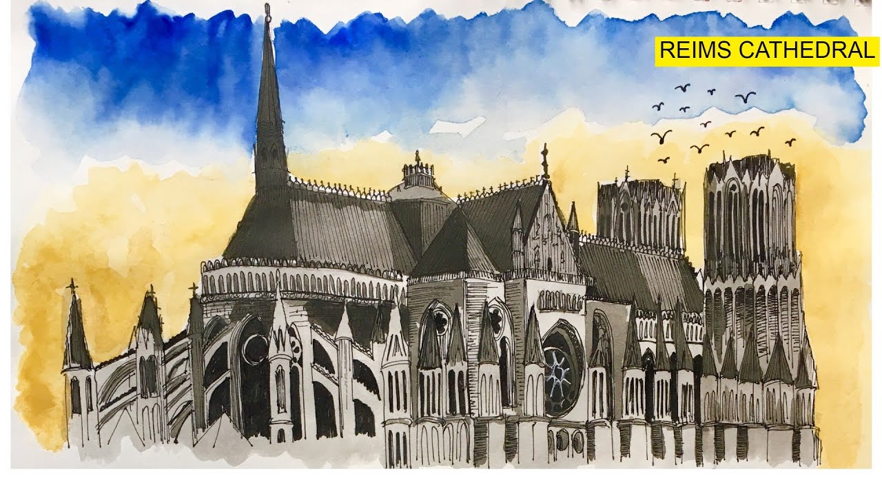 WATERCOLOR RENDERING OF REIMS CATHEDRAL(NOTRE-DAME) ARCHITECTURAL ...