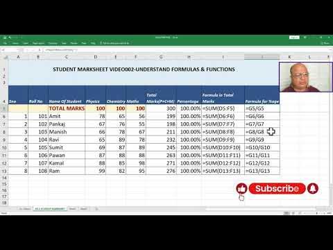 EXCEL002 STUDENT MARKSHEET-FUNCTIONS&FORMULAS IN HINDI - YouTube