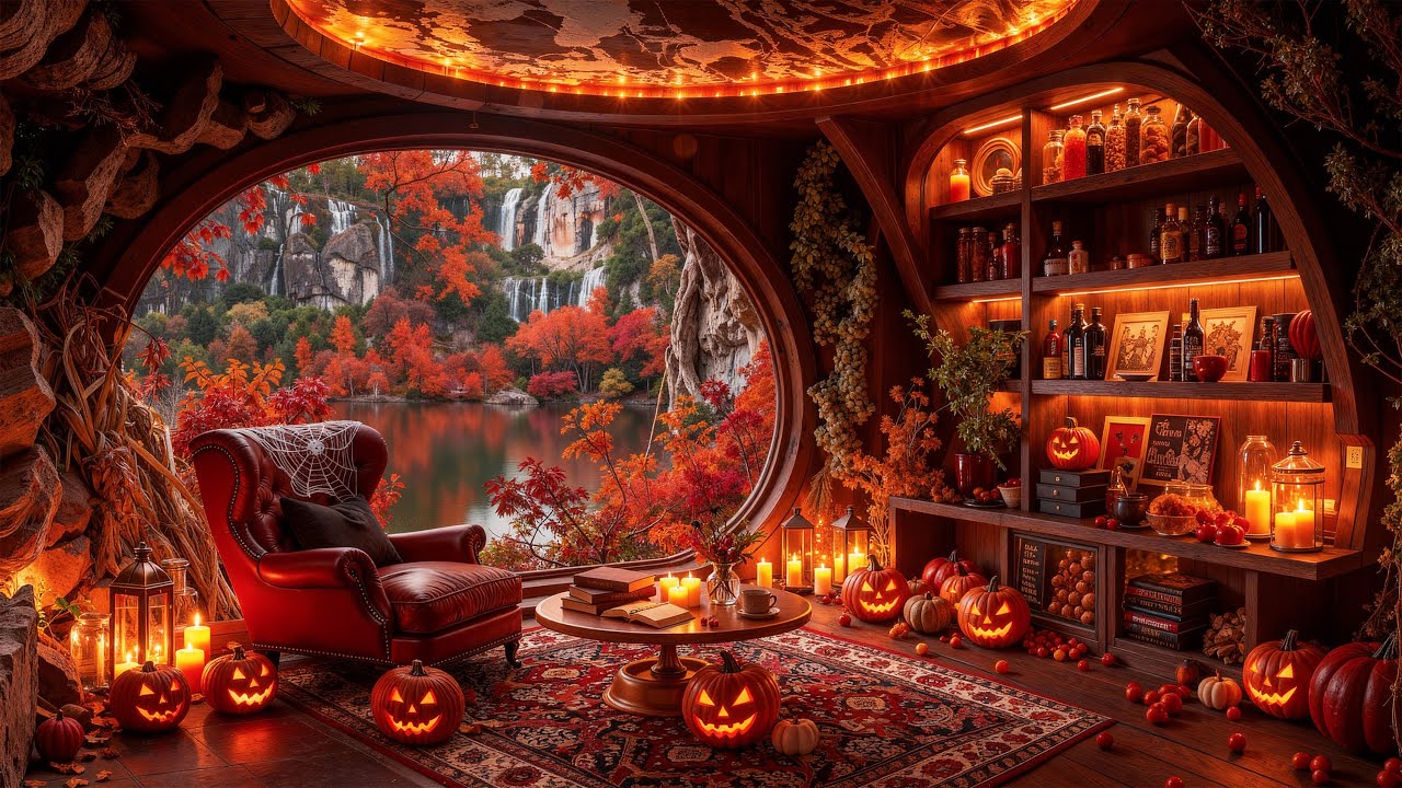 Spooky Halloween Jazz Ambience 🎃 Pumpkin Lakeside Room & Smooth Jazz ...